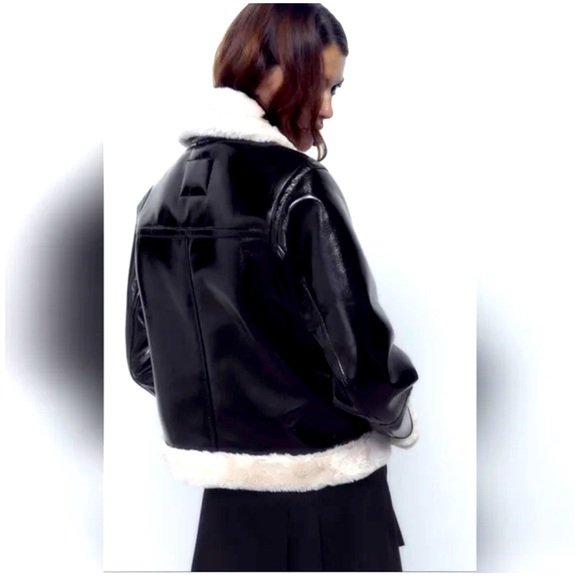 Zara | Jackets & Coats | Zara Shiny Faux Leather Shearling Lined Jacket ...